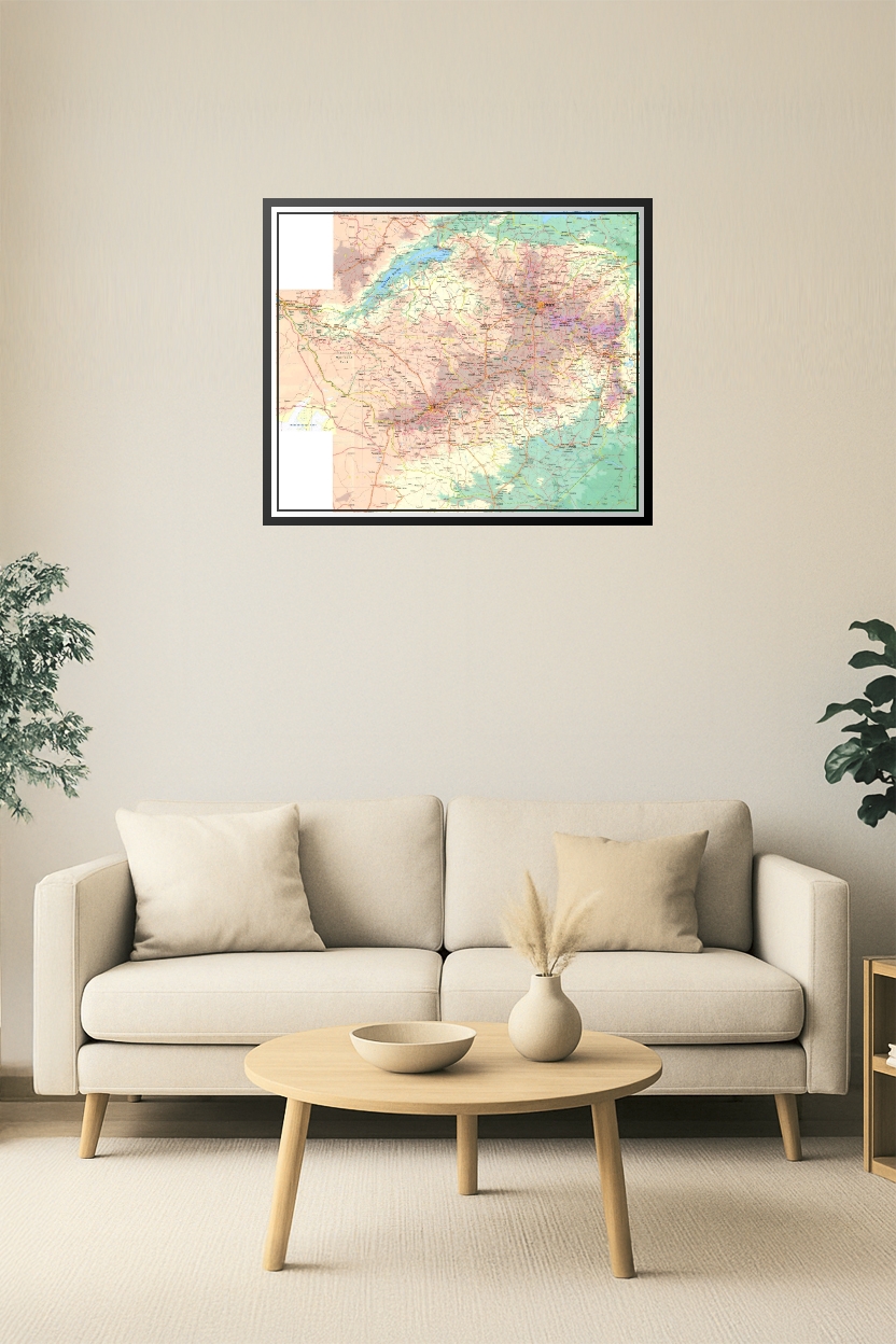 Zimbabwe Detailed Road & Terrain Map Map Poster | Wall Art