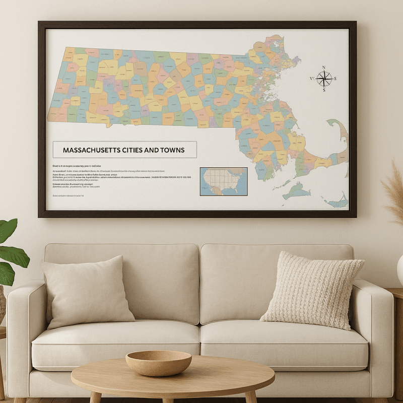 36x24in Color-Coded Poster Map of Massachusetts Cities, Towns and ...